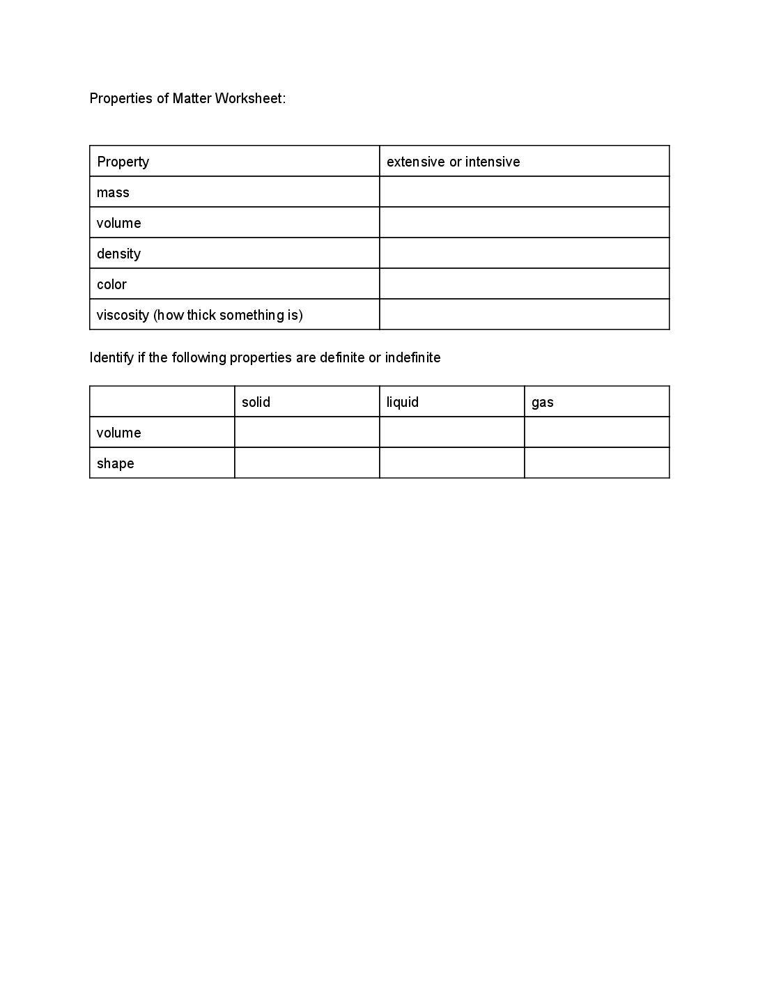 Viscosity Worksheet Topic 1 Properties Of Matter Ws (1) Cglass | St.