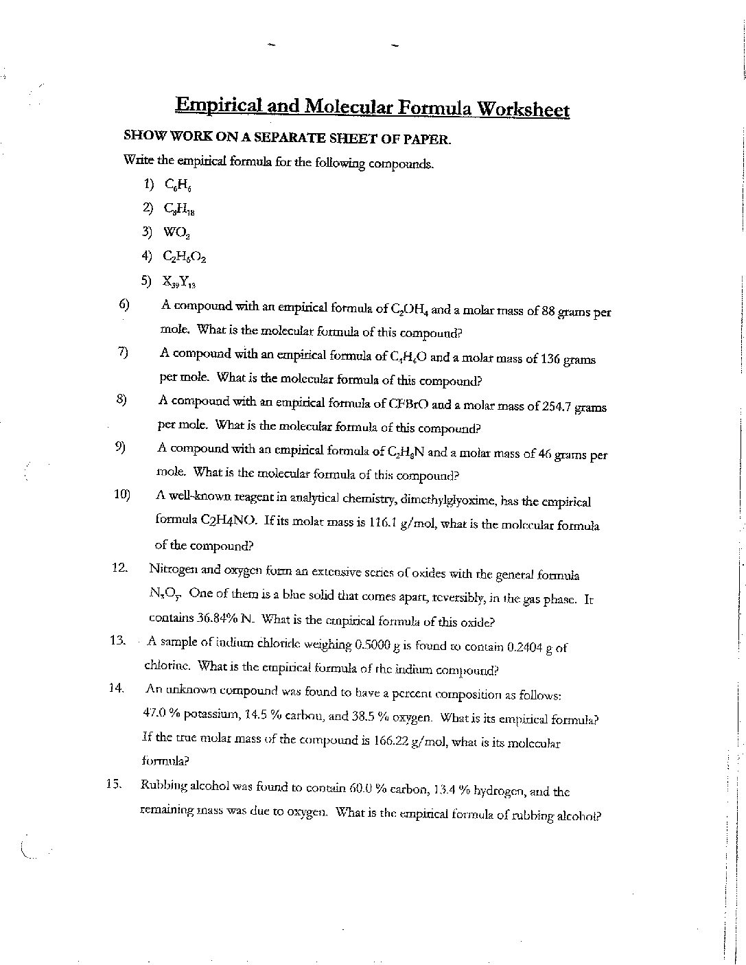 Empirical And Molecular Formula Worksheet