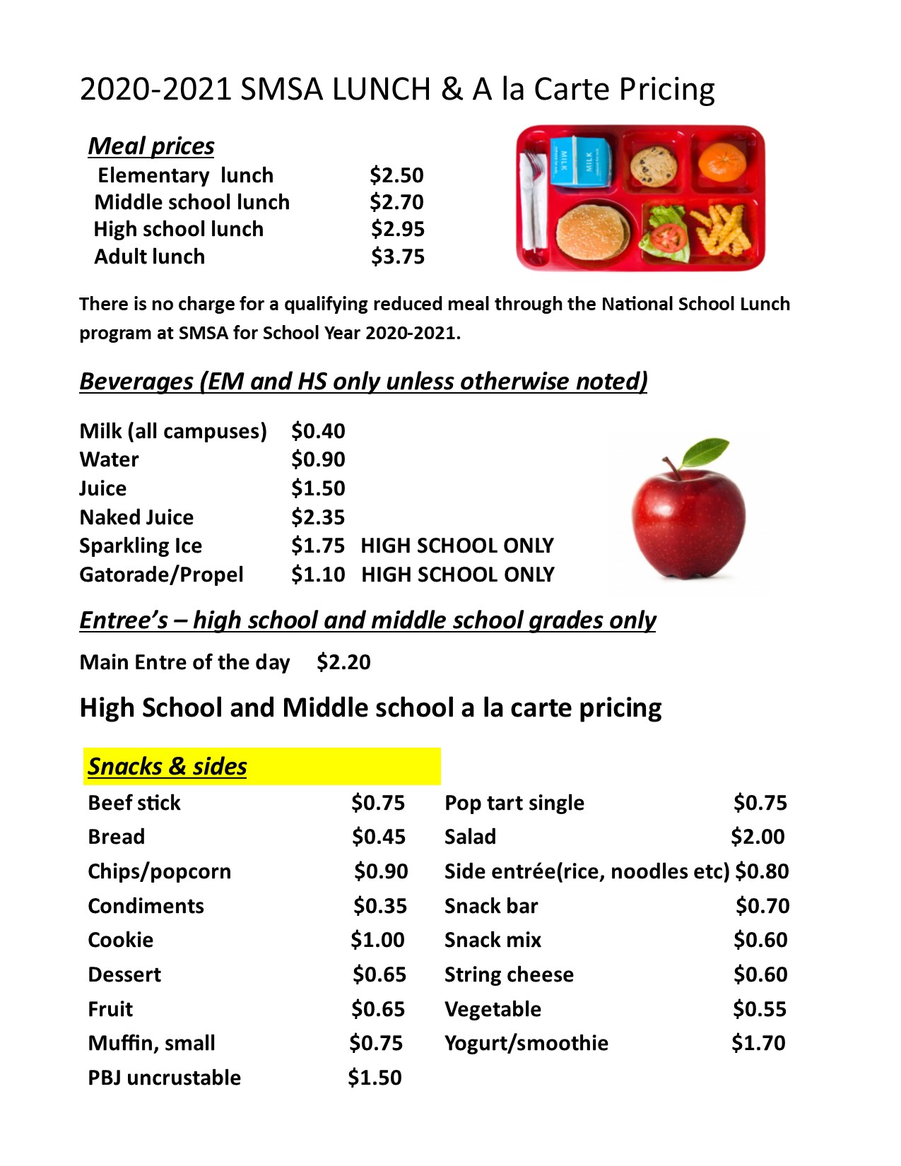 SMSA lunch and A la Carte Pricing 20-21 schoolyear | St. Mary's Springs ...