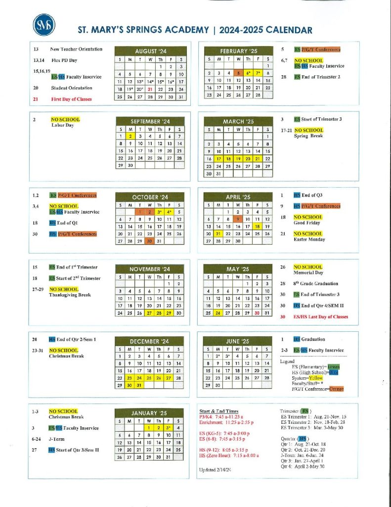 24-25 Academic Calendar and Key Dates | St. Mary's Springs Academy