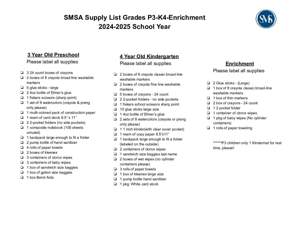 SMSA 2024-25 P3-K4 Supply list | St. Mary's Springs Academy