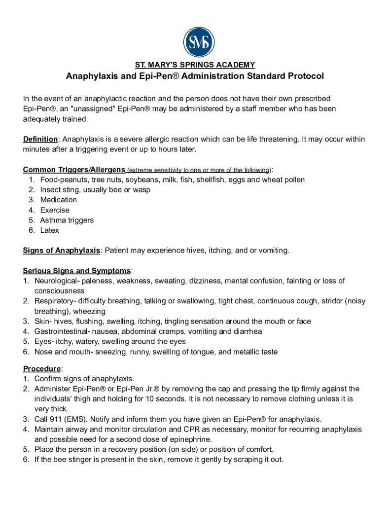 Anaphylaxis and Epi-Pen® Standard Protocol (1) | St. Mary's Springs Academy