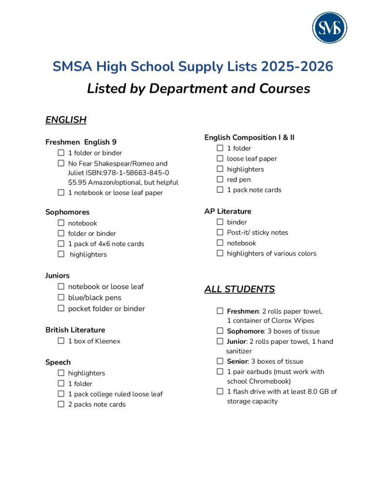 SMSA 2025-2026 High School Supply Lists | St. Mary's Springs Academy